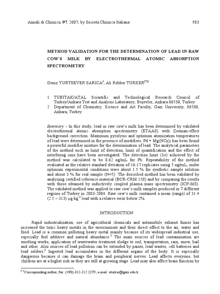 Method Valodation For The Determination of Lead in Raw Cow Milk by ...