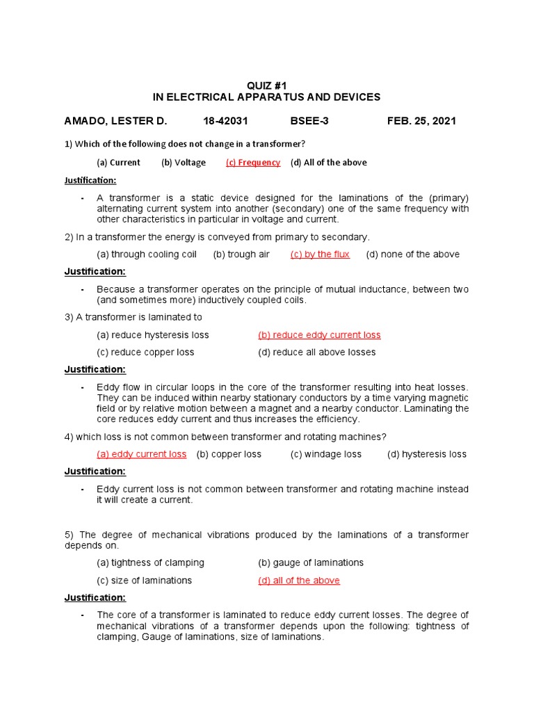 Quiz #1 in Electrical Apparatus | PDF | Transformer | Inductor