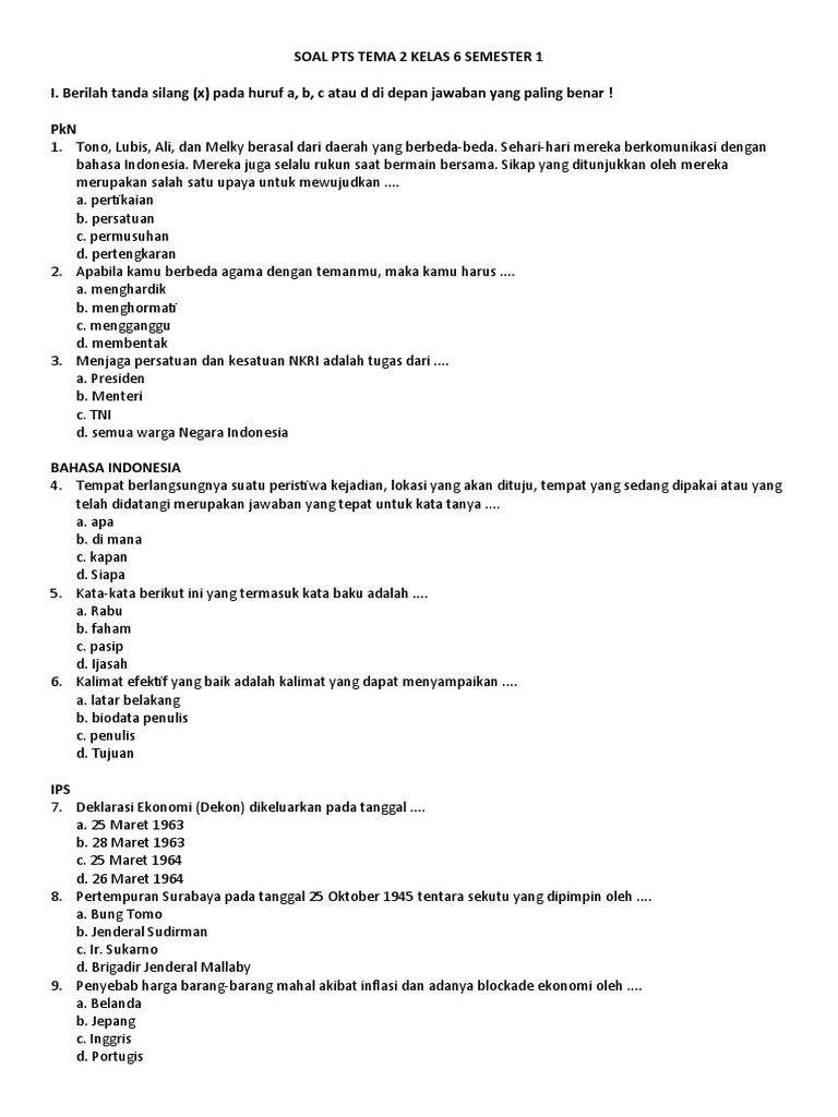 Soal PTS Tema 2 Kelas 6 Semester 1 | PDF