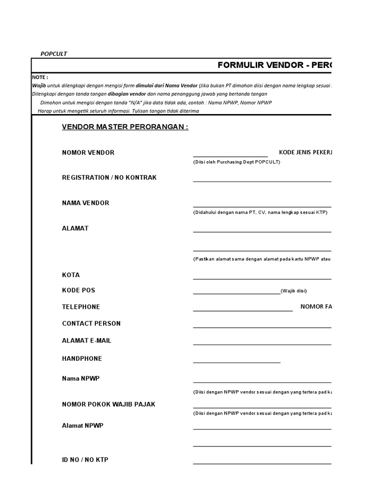 Form Vendor Perorangan | PDF