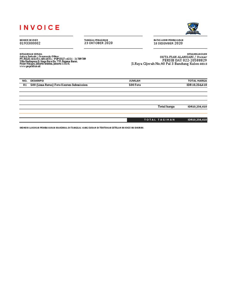 Template Invoice Microsoft Excel | PDF
