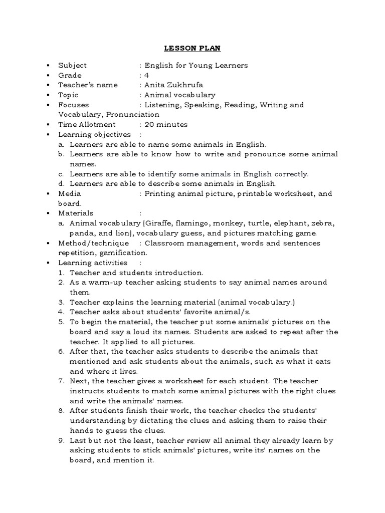 EYL LESSON PLAN - Anita Zukhrufa PBI 6A | PDF