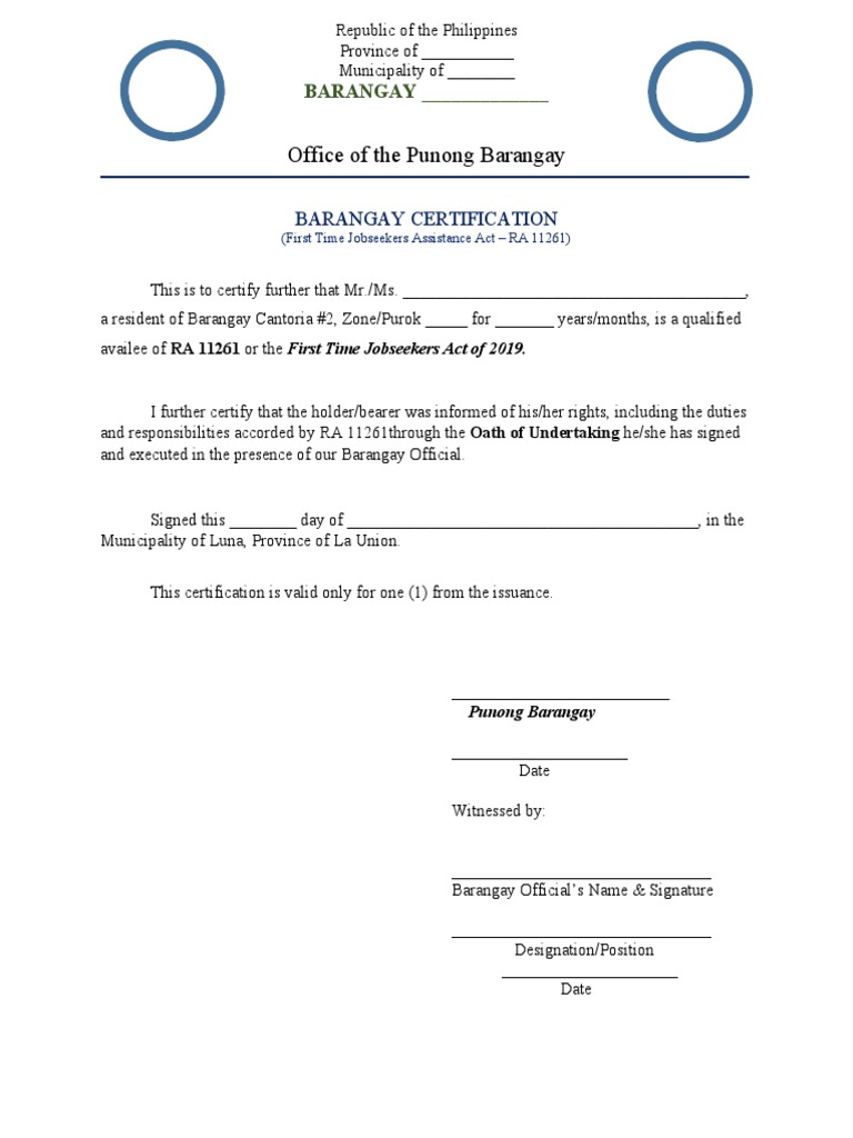 Barangay Certificate for First Time Job Seekers | PDF