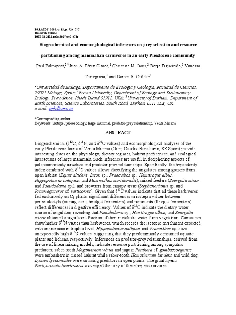 Palmqvist Et Al. (2008) - Biogeochemical and Ecomorphological Inferences On Prey Selection and ...