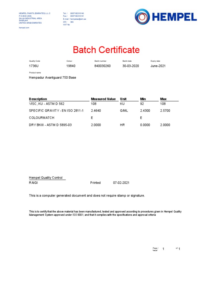 Paint Batch Certificate | PDF