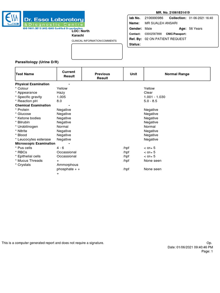 Parasitology (Urine D/R) : Test Name Current Result Previous Result ...