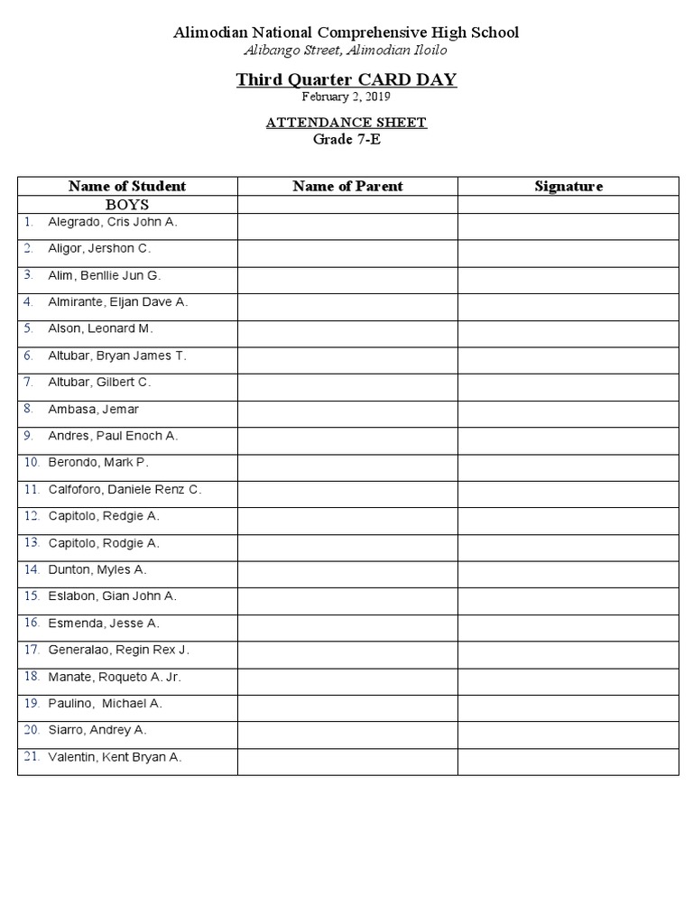 Third Quarter CARD DAY: Grade 7-E | PDF