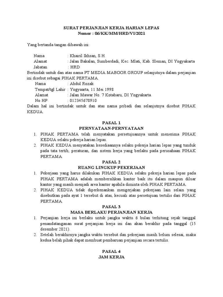 Surat Perjanjian Kerja Harian Lepas | PDF