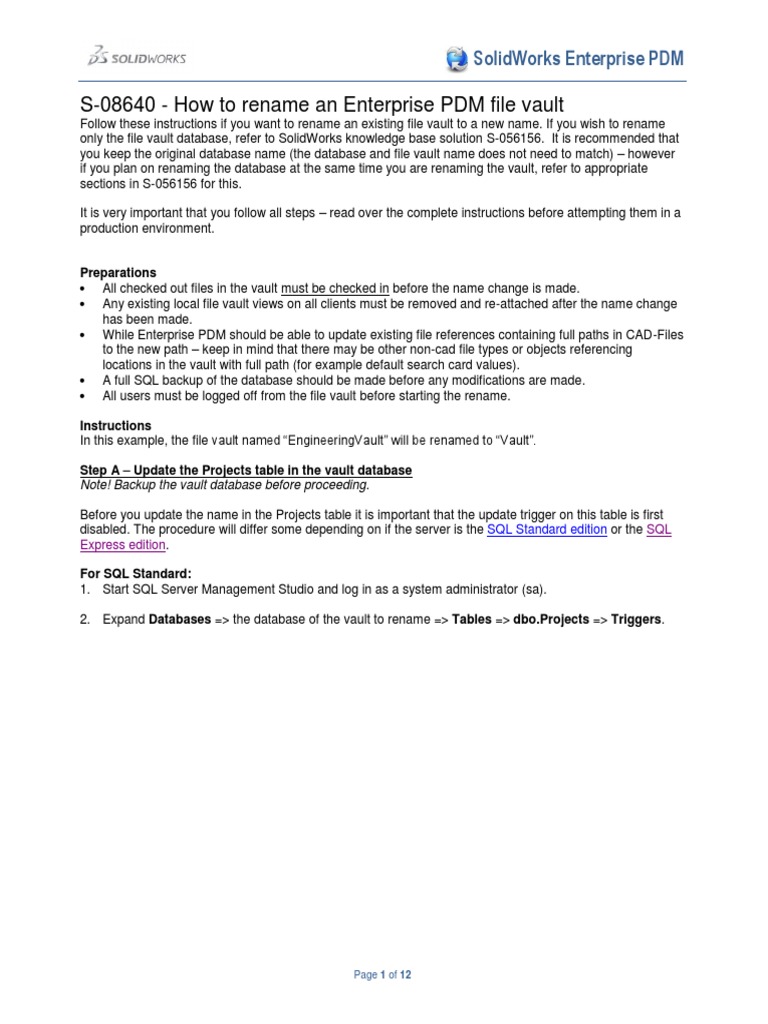 S-08640 - How To Rename An Enterprise PDM File Vault | PDF | Windows Registry | Databases