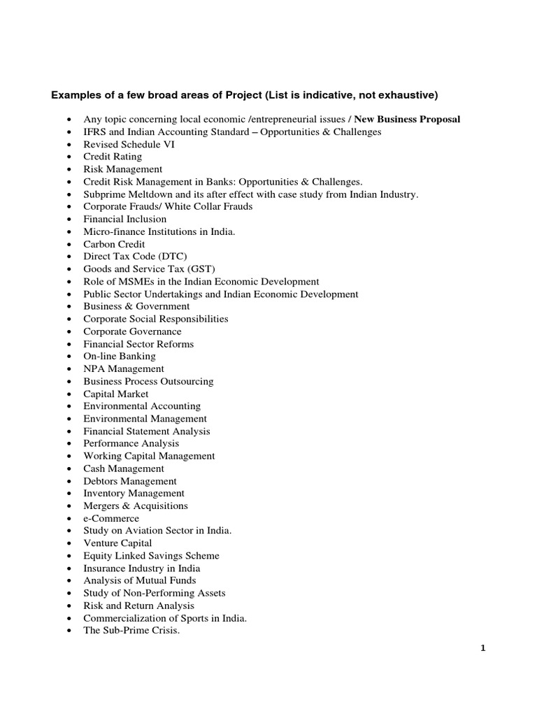 Examples of A Few Broad Areas of Project (List Is Indicative, Not ...