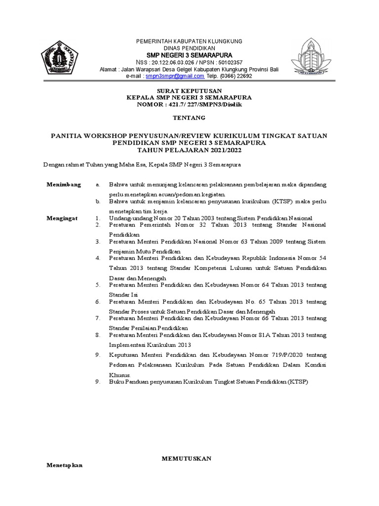 Panitia Workshop Penyusunan/Review Kurikulum Tingkat Satuan Pendidikan SMP Negeri 3 Semarapura ...
