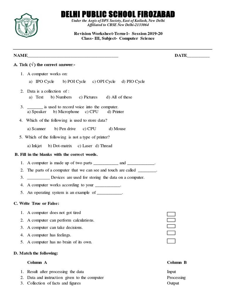 Delhi Public School Firozabad: Revision Worksheet-Term-1-Session 2019 ...