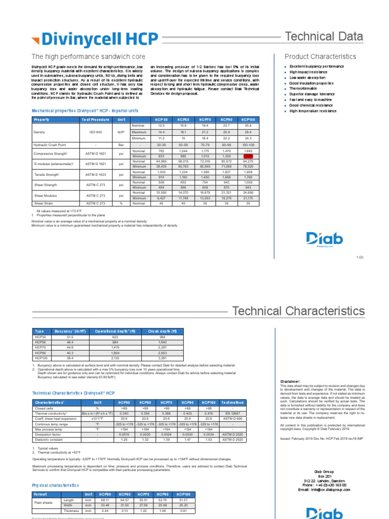 Divinycell HCP IMP Technical Data Sheet | PDF | Strength Of Materials ...