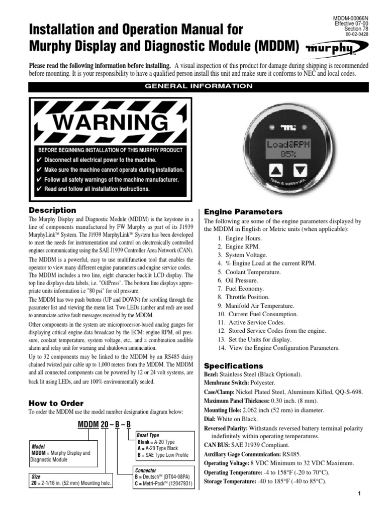 Warning: Installation and Operation Manual For Murphy Display and ...