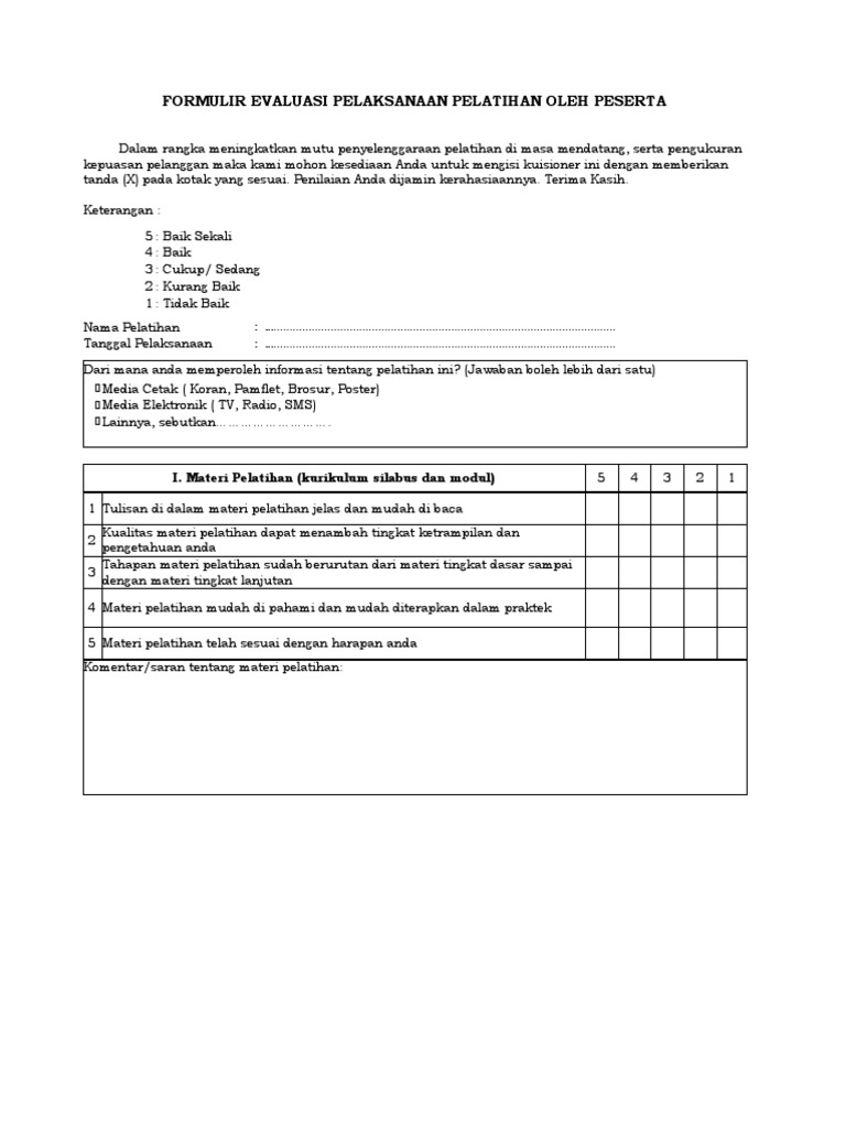 Form Evalusi Peserta Pelatihan | PDF
