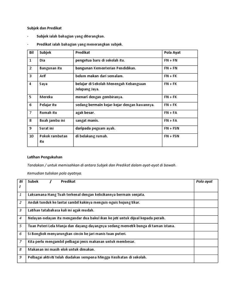 Latihan Bahasa Melayu F2 Subjek Dan Predikat | PDF