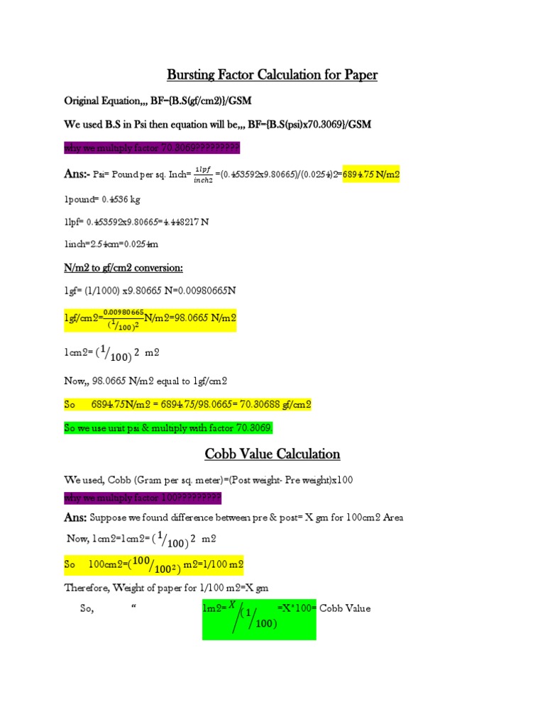 BF, Cobb, GSM Calculation For Paper | PDF | Teaching Methods & Materials