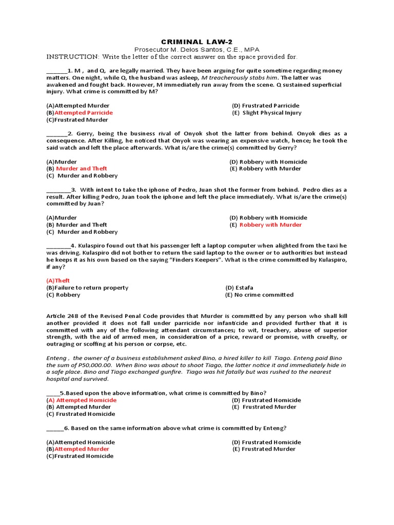 Criminal Law Exam: Analyzing Multiple Choice Questions Regarding ...