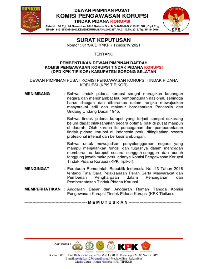 Struktur DPD KPK Tipikor Sorong Selatan | PDF