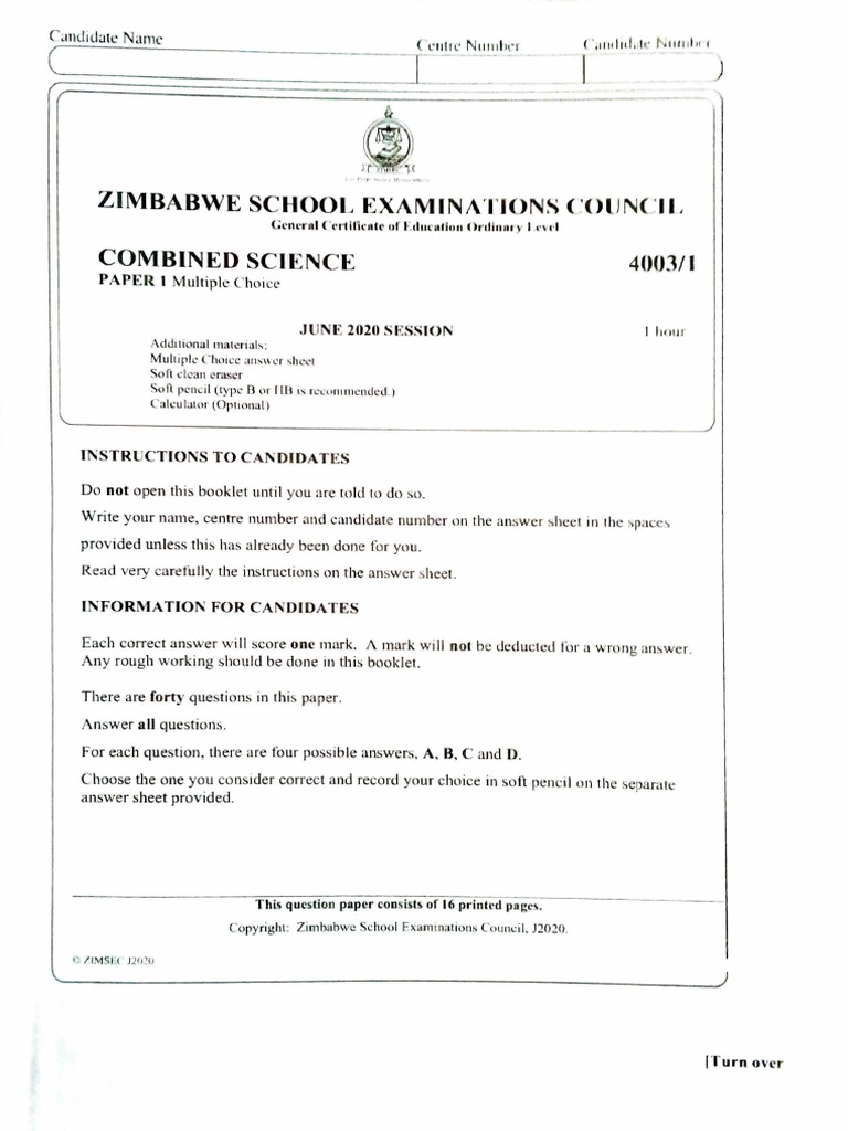 Combined Science Paper 1 June 2020 | PDF
