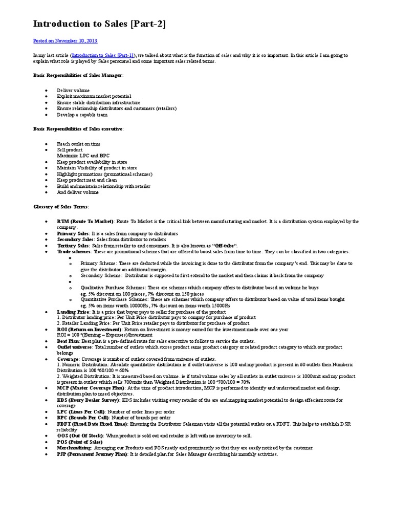 Introduction To Sales | PDF | Retail | Sales