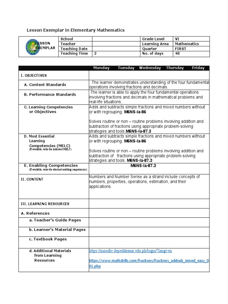 WEEK 1 Lesson Exemplar For Math Grade 6 | PDF | Learning | Teaching ...