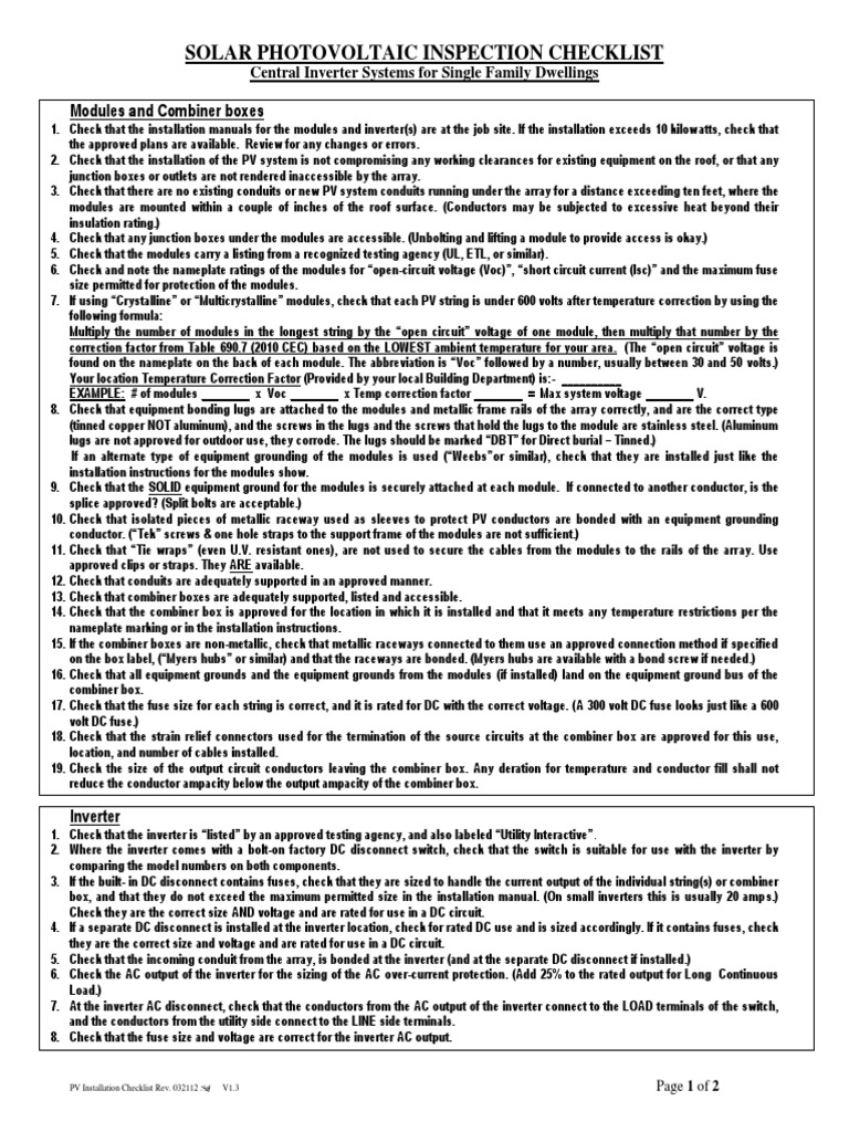 Solar Photovoltaic Inspection Checklist: Modules and Combiner Boxes ...