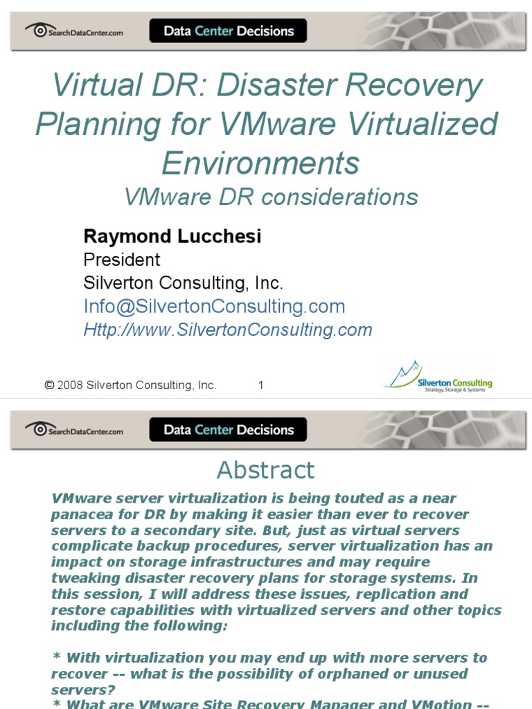 Virtual DR: Disaster Recovery Planning For Vmware Virtualized ...