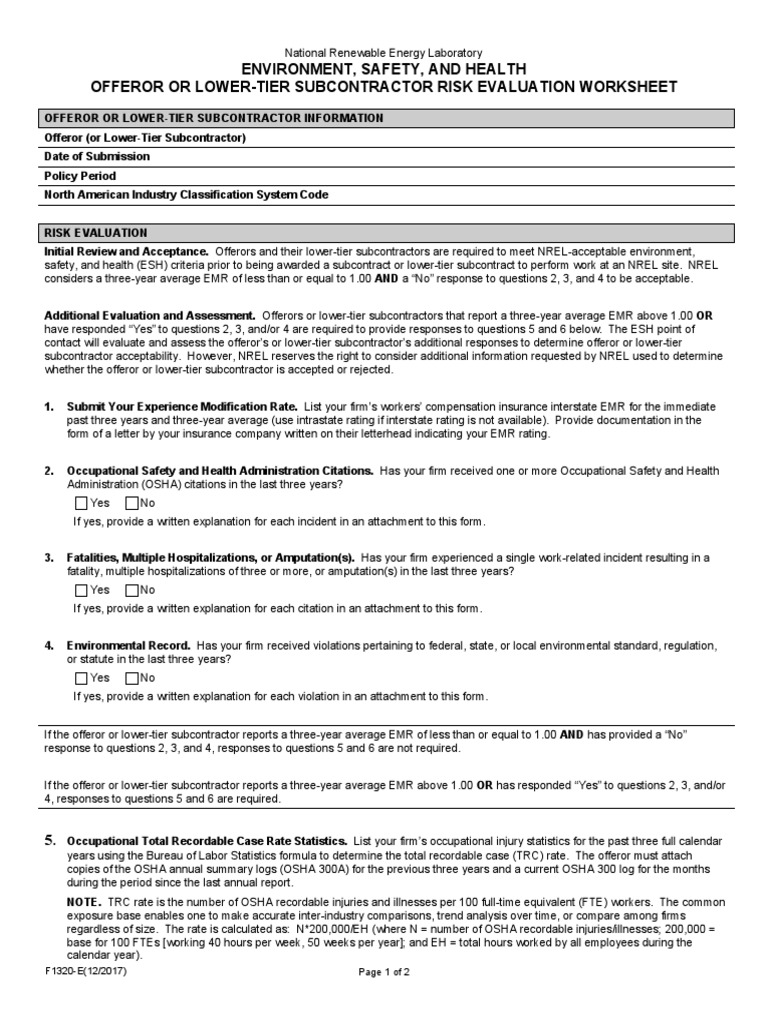 Environment, Safety, and Health Offeror or Lower-Tier Subcontractor ...