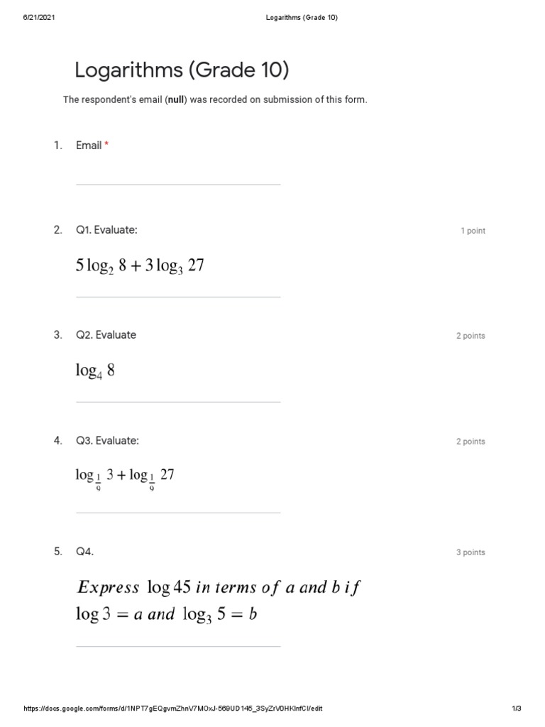 Logarithms (Grade 10) - Google Forms | PDF