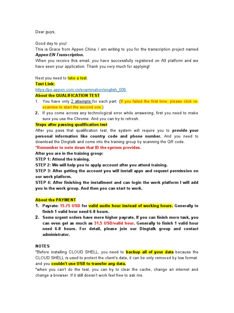 Appen Aragorn en Transcription Test Invite | PDF