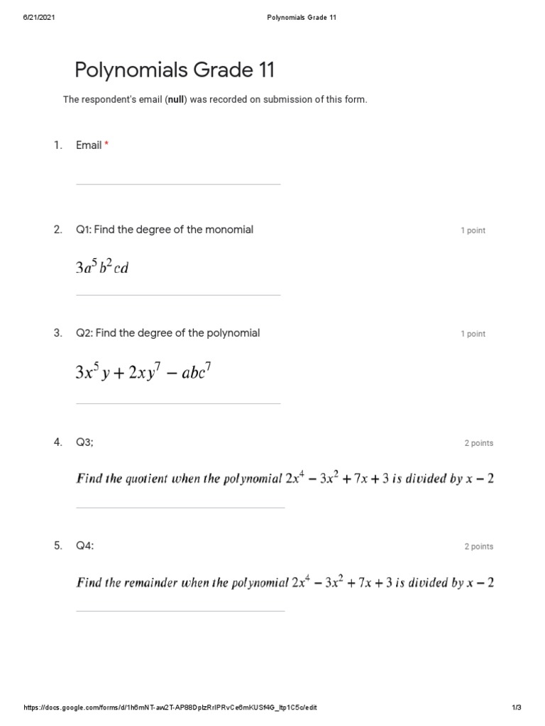 Polynomials Grade 11 - Google Forms | PDF