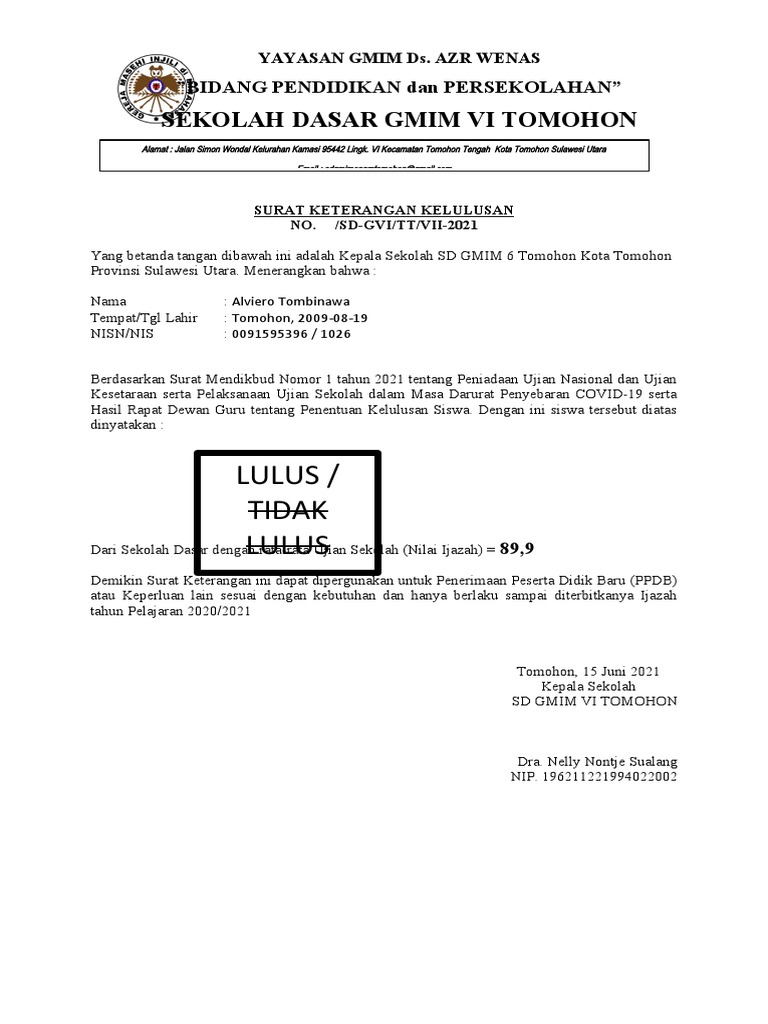 Surat Keterangan Kelulusan SD GMIM VI | PDF