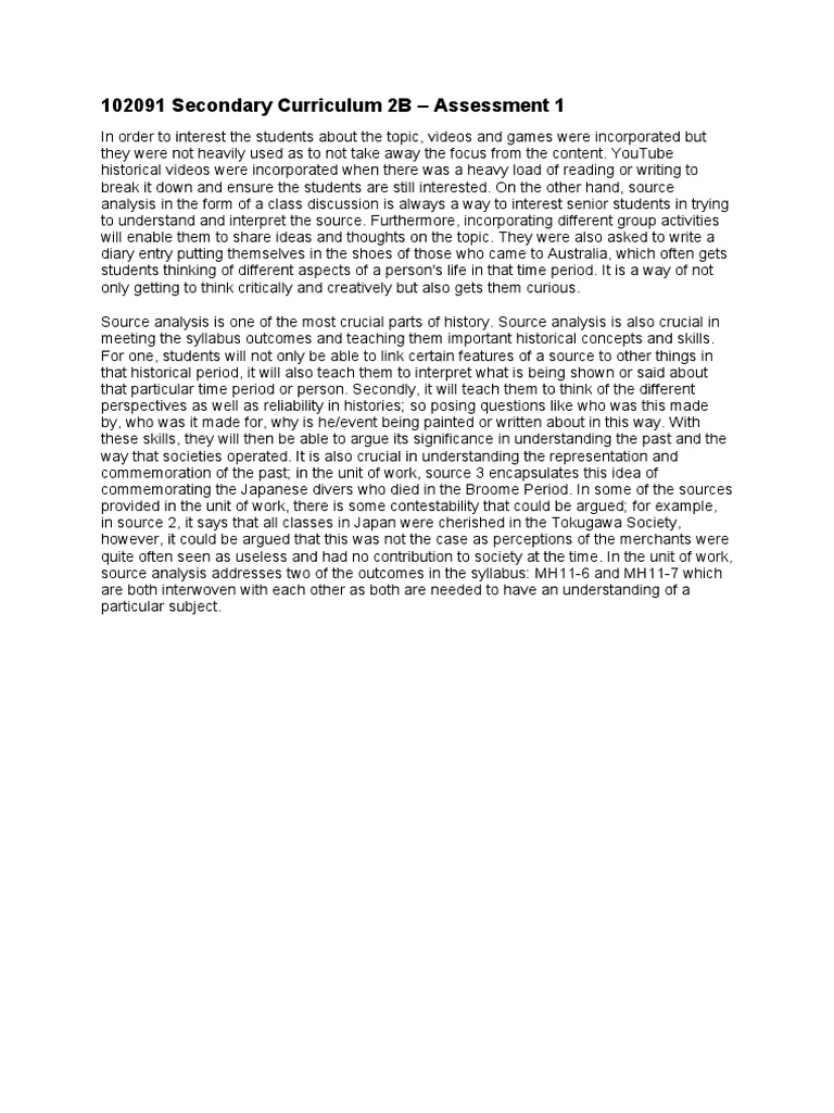 Secondary Curriculum 2B - Assessment 1 | PDF | Curriculum | Human Nature