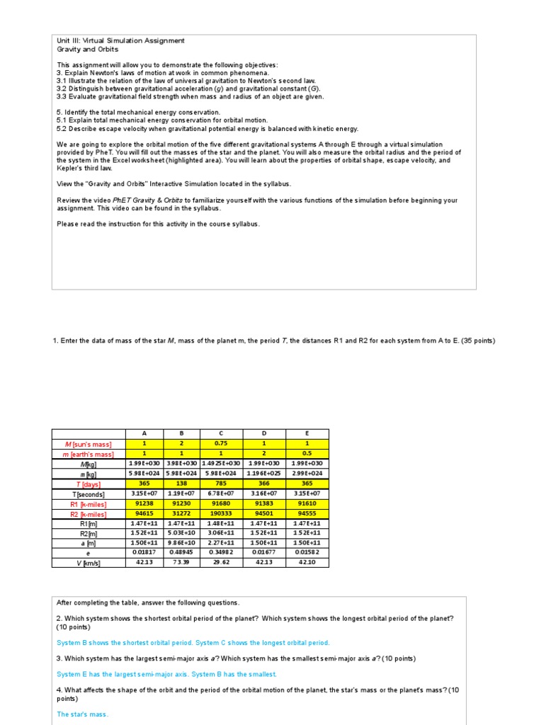 Unit III: Virtual Simulation Assignment Gravity and Orbits | PDF | Gravity | Orbit