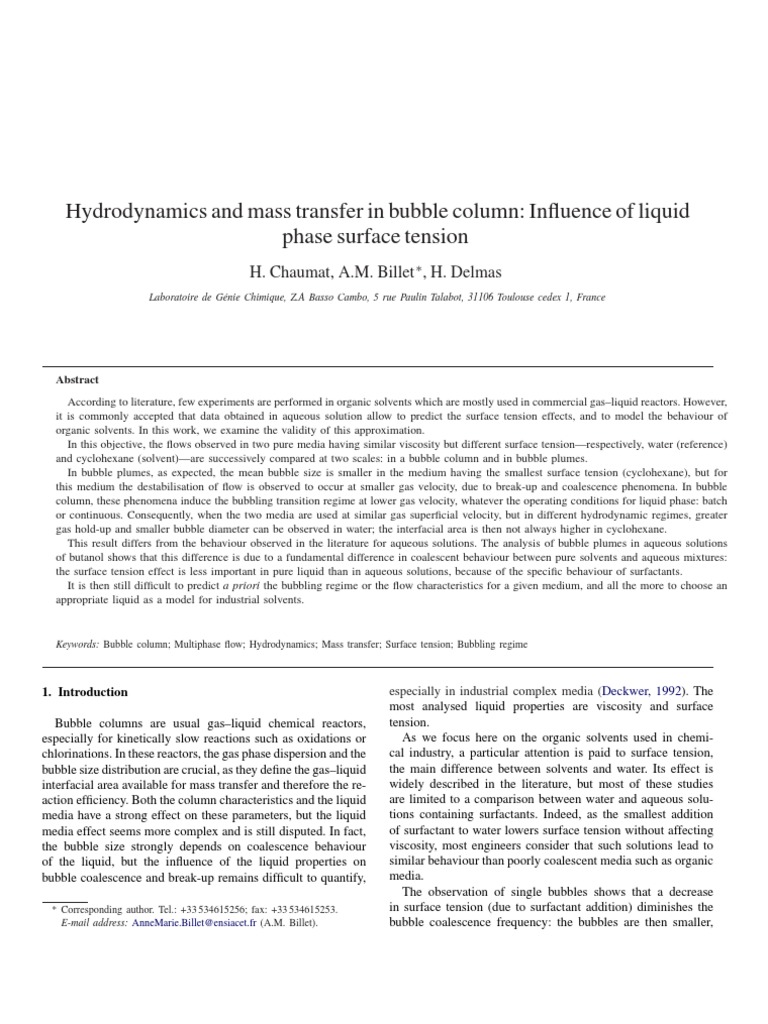 Hydrodynamics and Mass Transfer in Bubble Column Influence of Liquid Phase Surface Tension | PDF ...