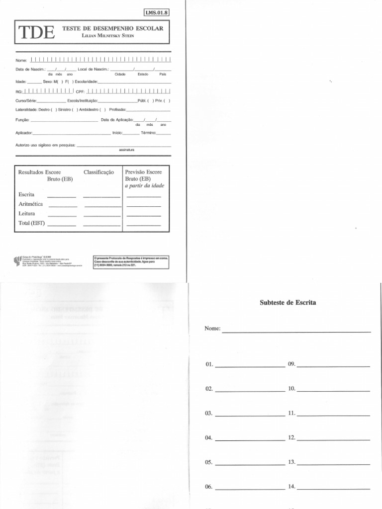 TDE - Teste de Desempenho Escolar | PDF