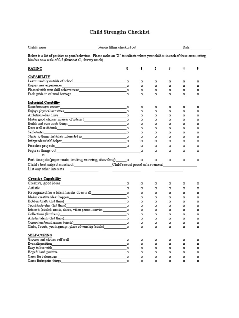 Child Strengths Checklist: Rating 0 1 2 3 4 5 Capability | Download ...