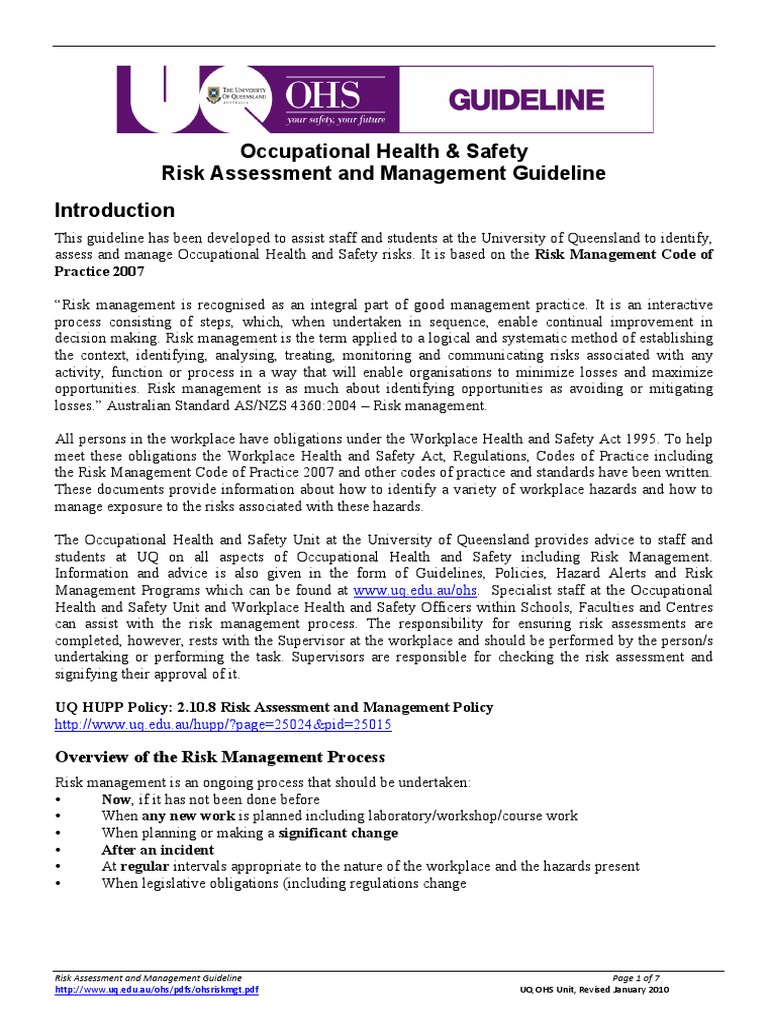Risk Ass and MGMT Guideline Queensland | PDF | Occupational Safety And ...