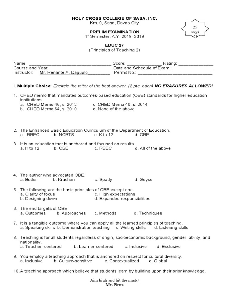 PRELIM EXAM IN EDUC 27 Principles of Teaching 2 | PDF | Constructivism ...