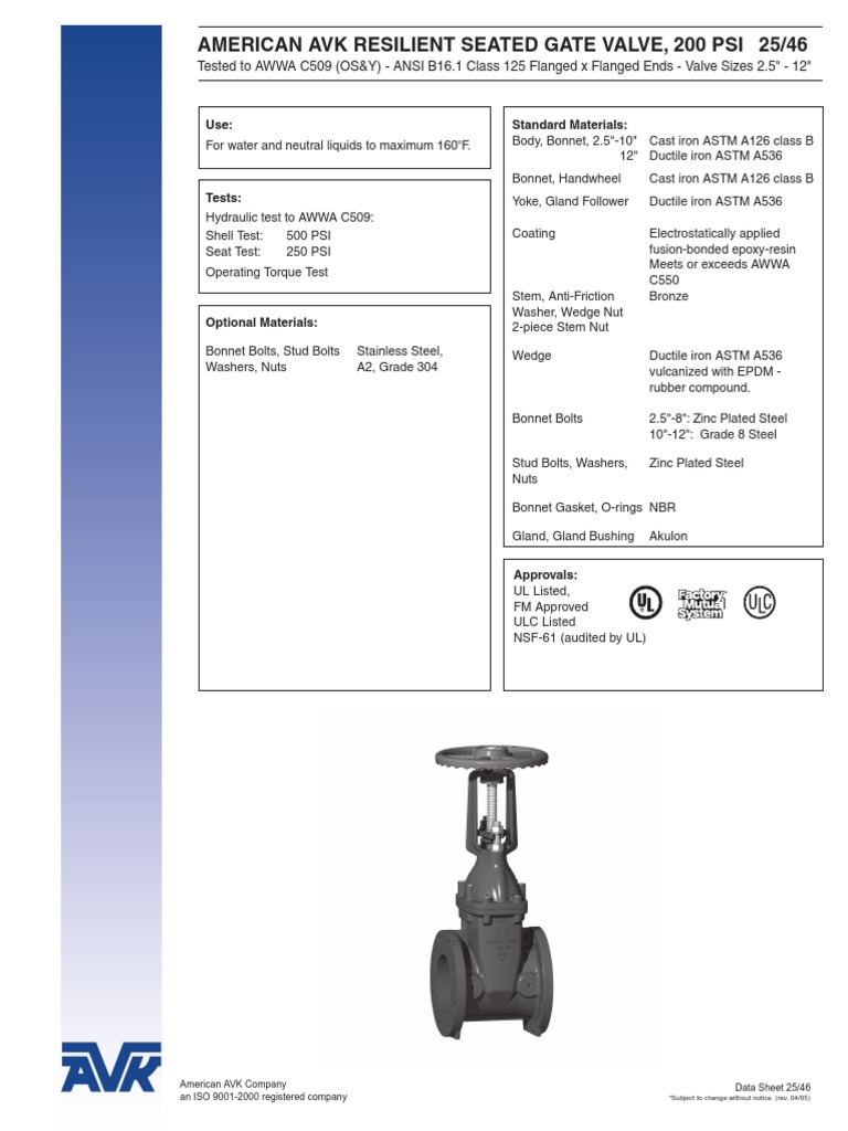 American Avk Resilient Seated Gate Valve, 200 Psi 25/46 | PDF | Valve ...