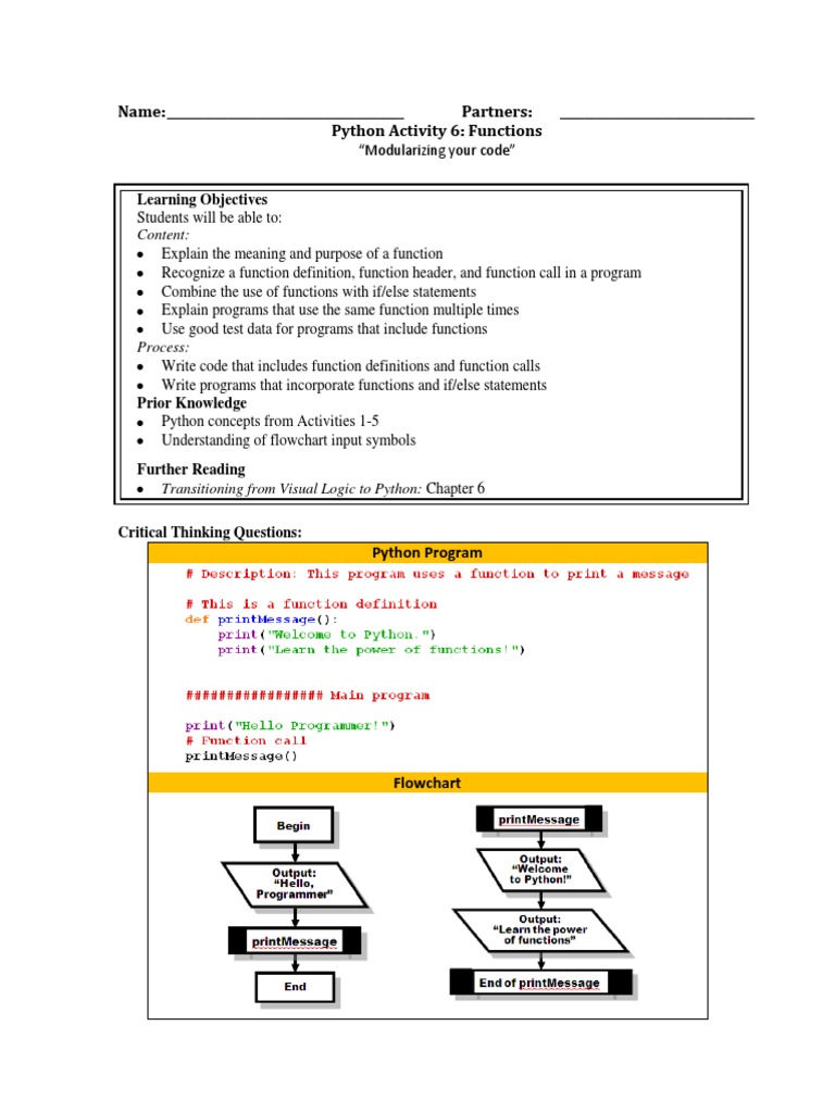 Name: - Partners: - Python Activity 6: Functions | Download Free PDF | Control Flow | Parameter ...