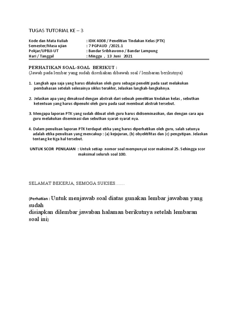 Soal Tt. 3 PTK 2021.1 | PDF | Karier & Perkembangan