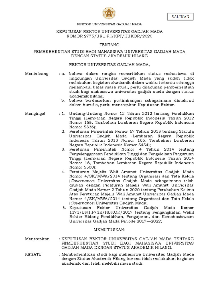 2020 SK Pemberhentian Studi Mhs Status Akademik Hilang 2775 | PDF