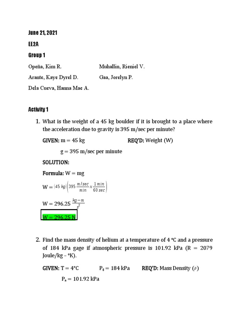 Activity 1 - Group 1 | PDF | Pascal (Unit) | Pressure