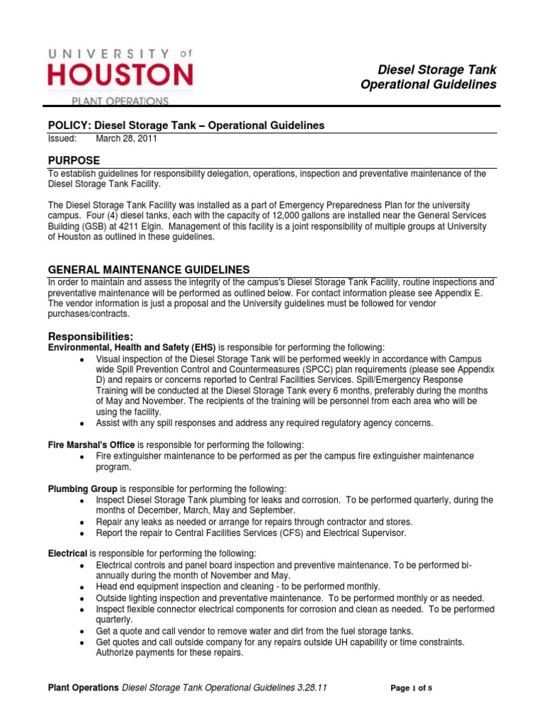 Diesel Storage Tank Operational Guidelines | PDF | Leak | Diesel Engine