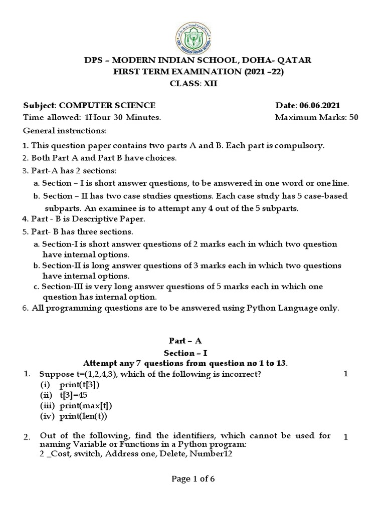 Xii First Term Question Computerscience 21 22 Pdf Parameter Computer Programming Subroutine