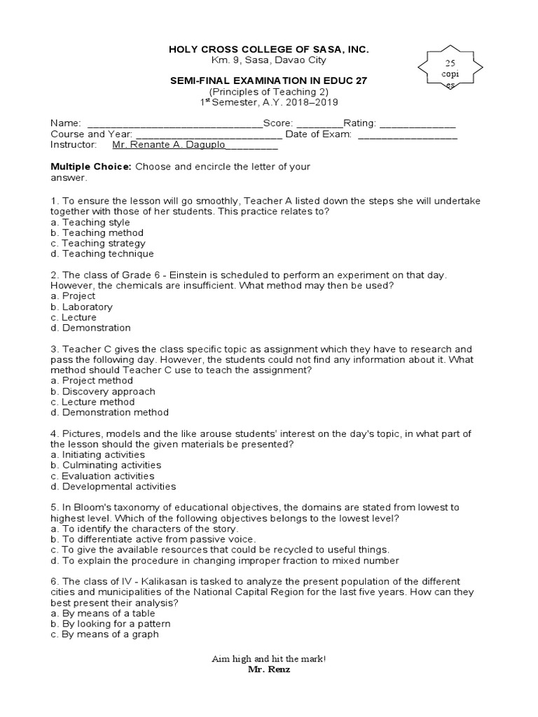 Holy Cross College Semi-Final Exam 2018 | PDF | Lesson Plan | Teaching ...