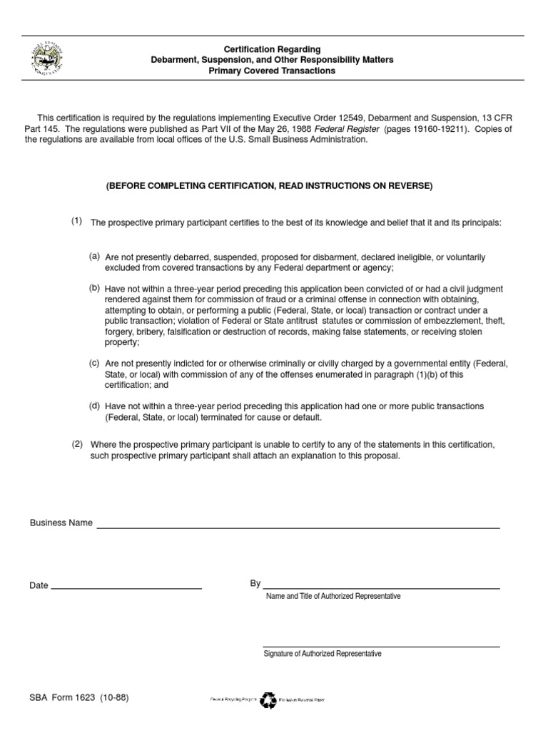 Sba Form 1623 Certification Regarding Debarment Suspension and Other ...