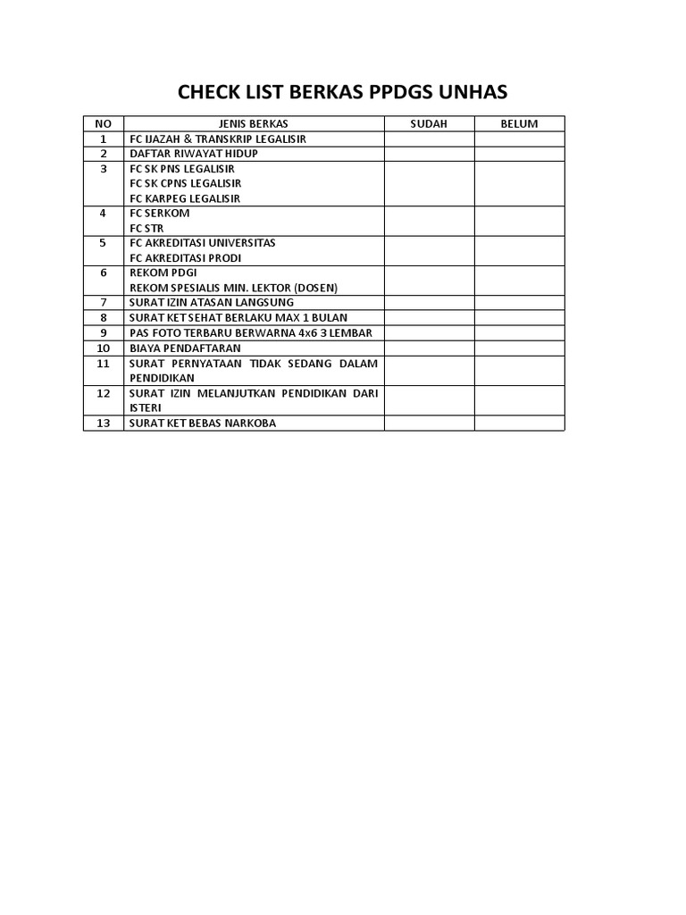 Check List Berkas PPDGS Unhas | PDF